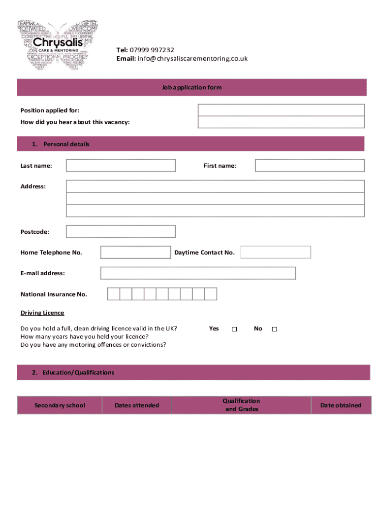 Fillable Online Chrysalis Care Mentoring Job Application Fax Email ...