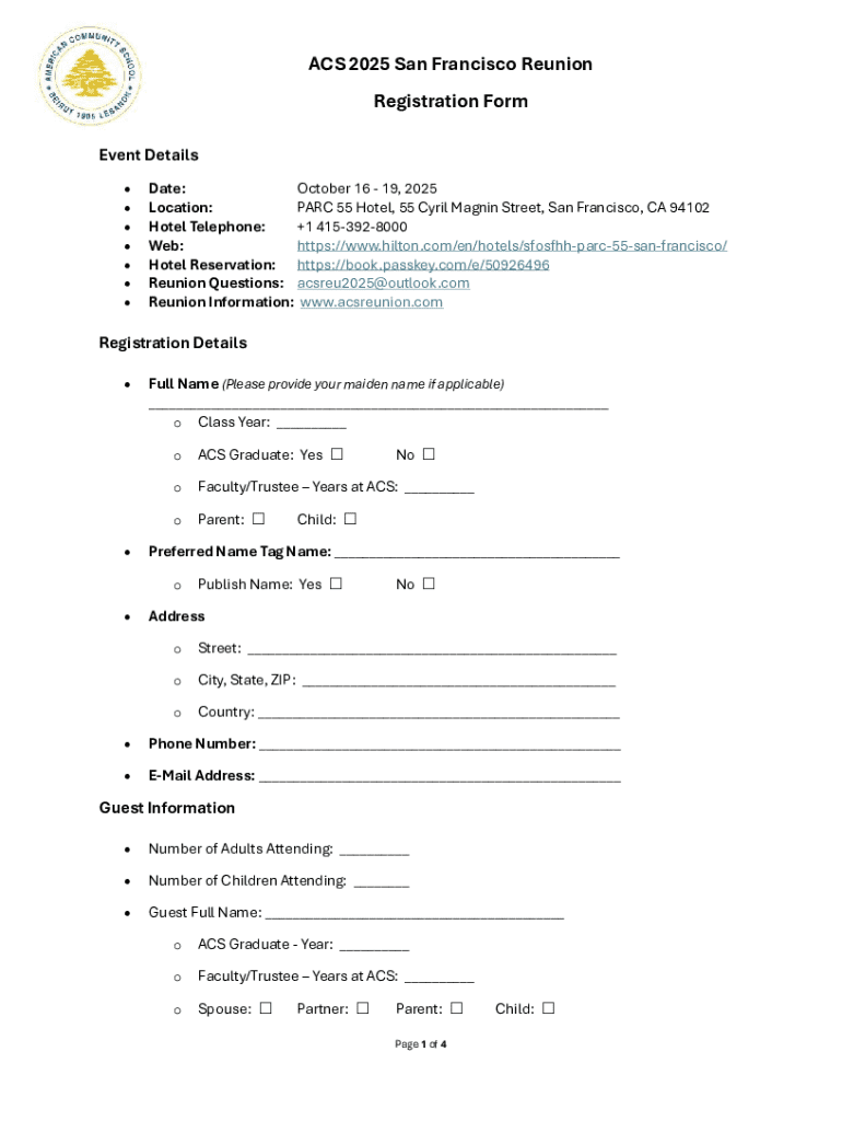 Fillable Online Acs 2025 San Francisco Reunion Registration Fax Email ...