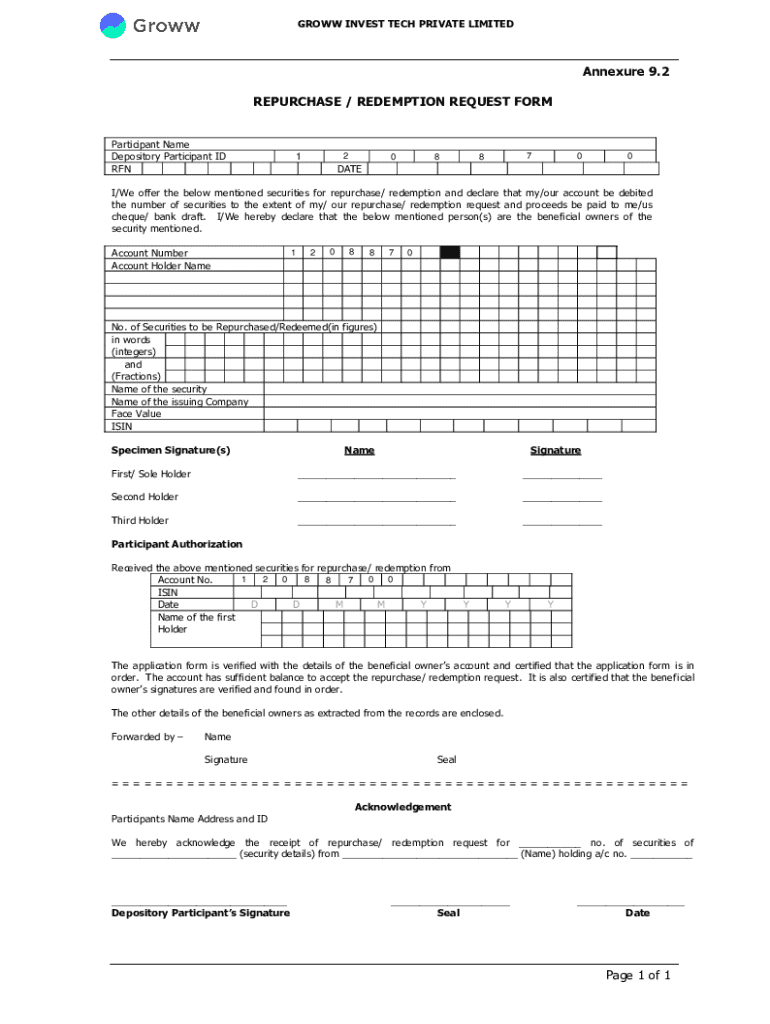 Fillable Online Repurchase / Redemption Request Fax Email Print - pdfFiller
