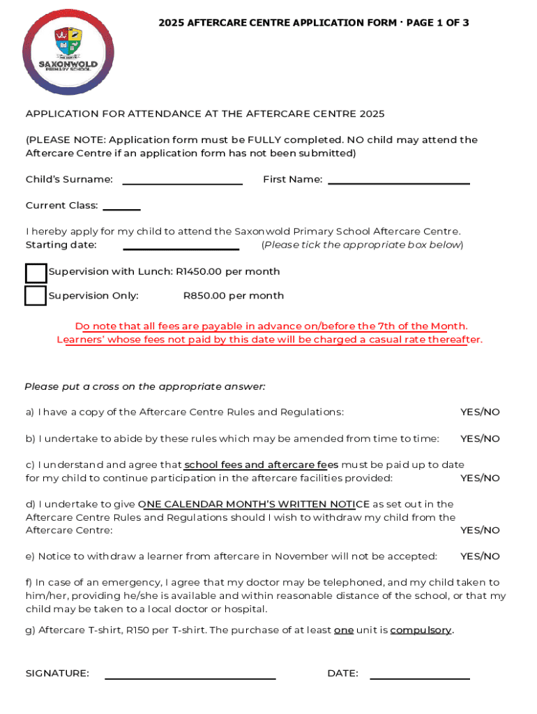 Fillable Online Application for Attendance at the Aftercare Centre 2025 ...