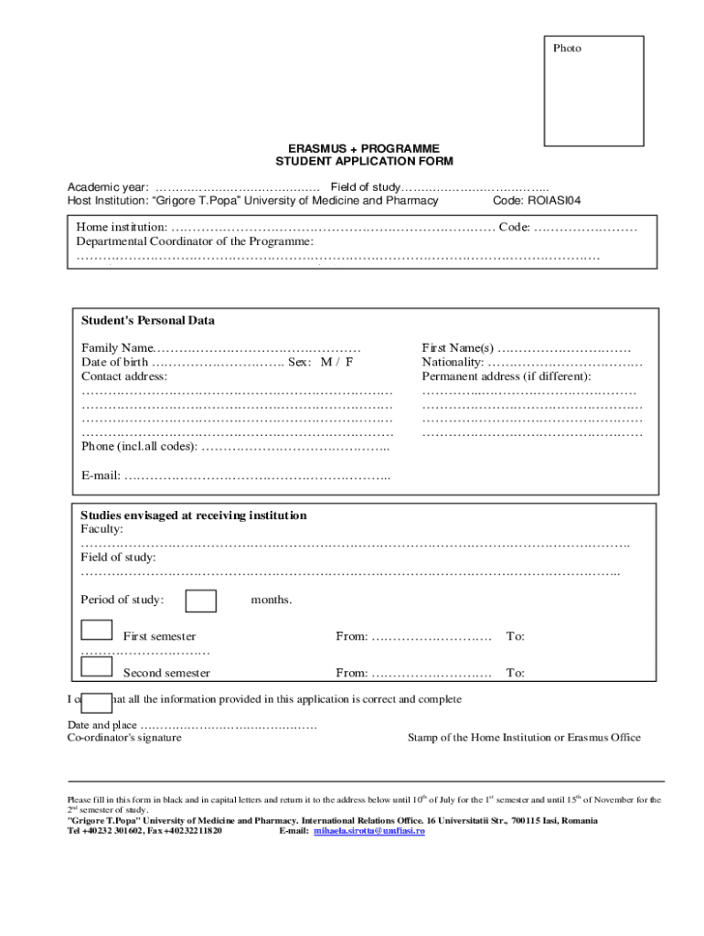 Fillable Online Erasmus + Programme Student Application Form Fax Email ...