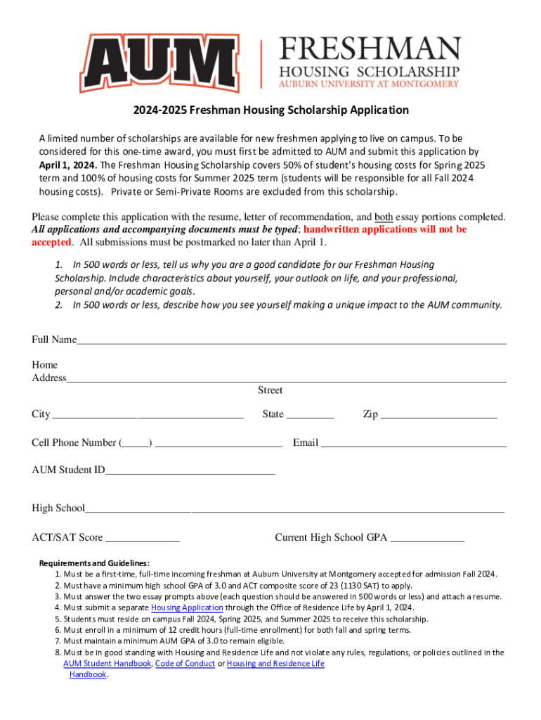 Fillable Online Freshman Housing Scholarship Application Fax Email Print - pdfFiller