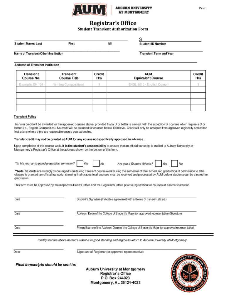 Fillable Online Student Transient Authorization Form Fax Email Print - pdfFiller