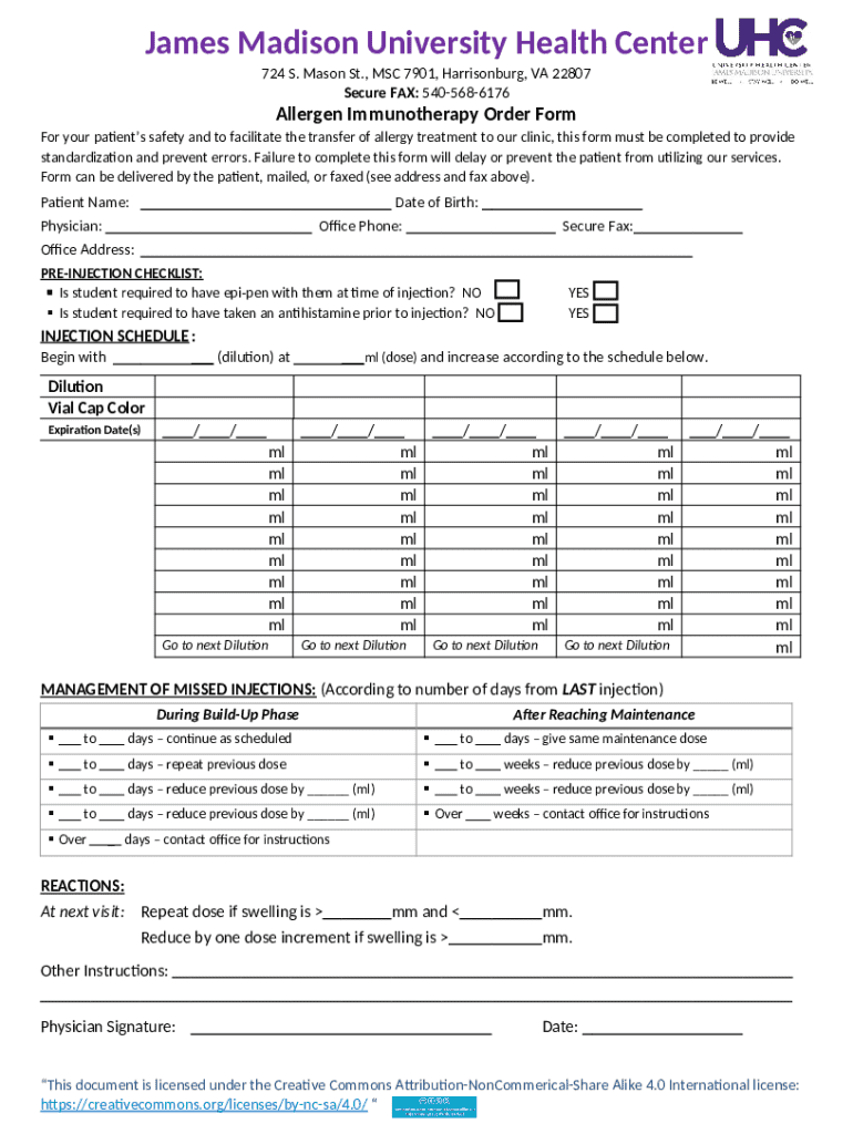 Allergen Immunotherapy Order Doc Template | pdfFiller