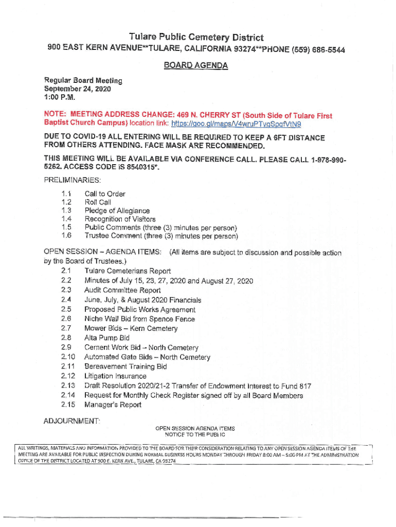 Fillable Online Tulare Public Cemetery District Public Work Agreement ...
