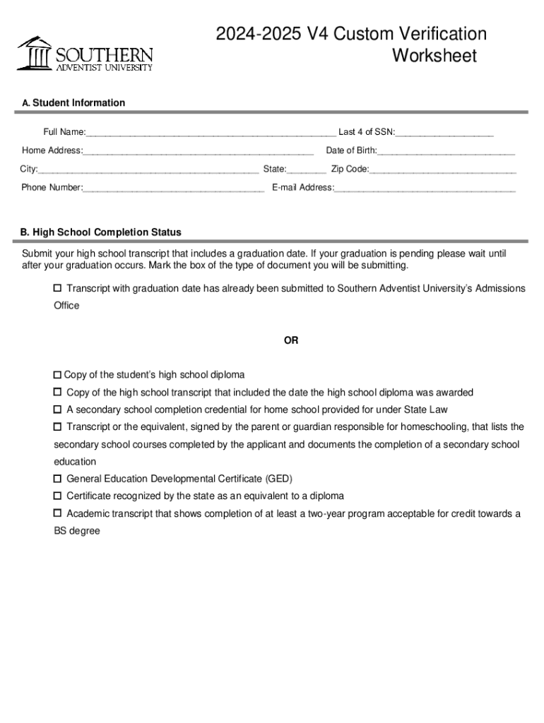 Fillable Online 2024-2025 V4 Custom Verification Worksheet Fax Email Print - pdfFiller