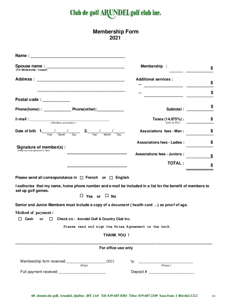 Fillable Online Membership Form 2021 Fax Email Print - pdfFiller