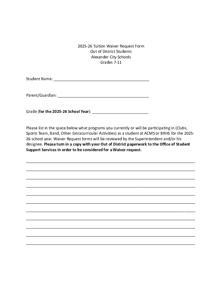 Fillable Online 2025-26 Tuition Waiver Request Form for Out of District ...