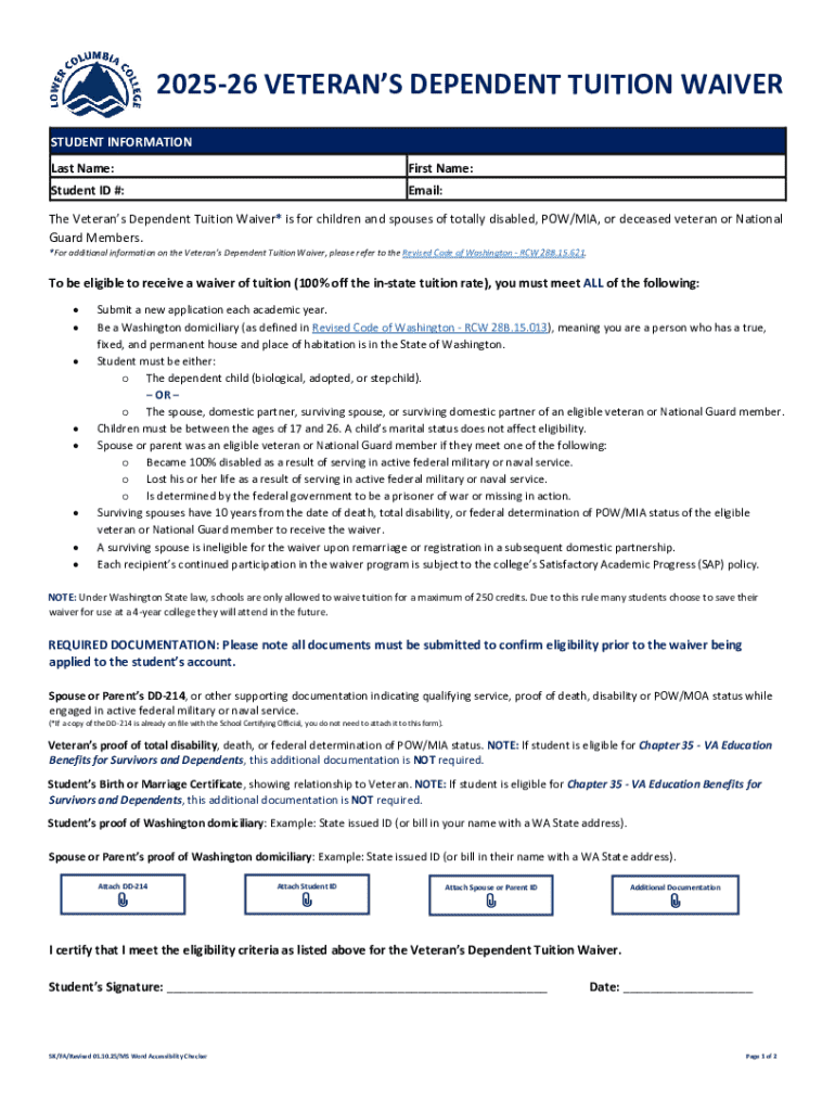 Fillable Online Veteran’s Dependent Tuition Waiver Fax Email Print ...