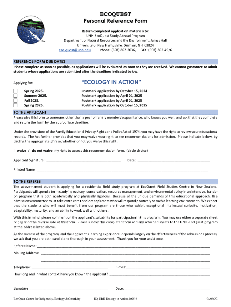 Fillable Online Ecoquest Personal Reference Form Fax Email Print ...