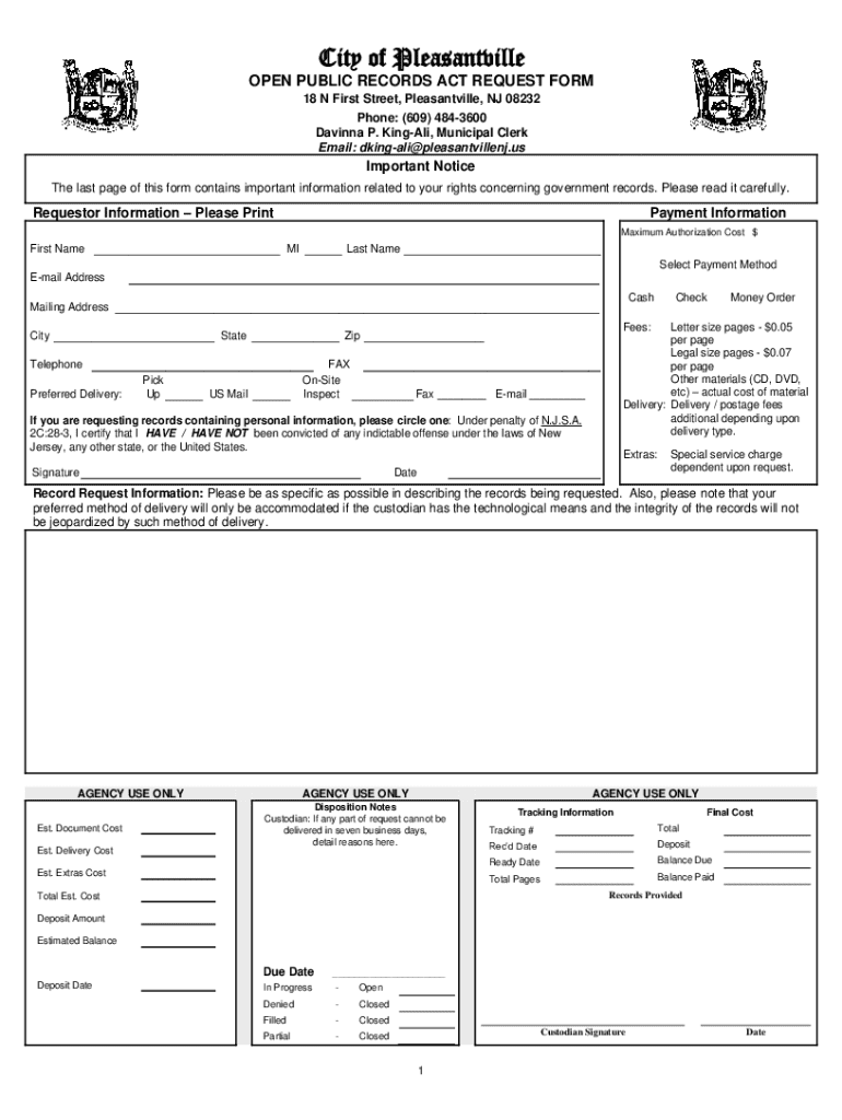 Fillable Online City of Pleasantville Open Public Records Act Request ...