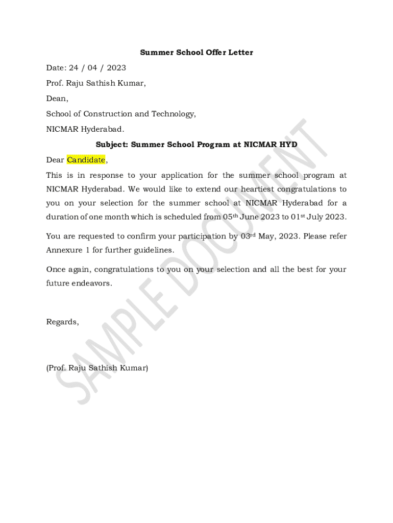 Fillable Online Summer School Program at Nicmar Hyd Fax Email Print ...