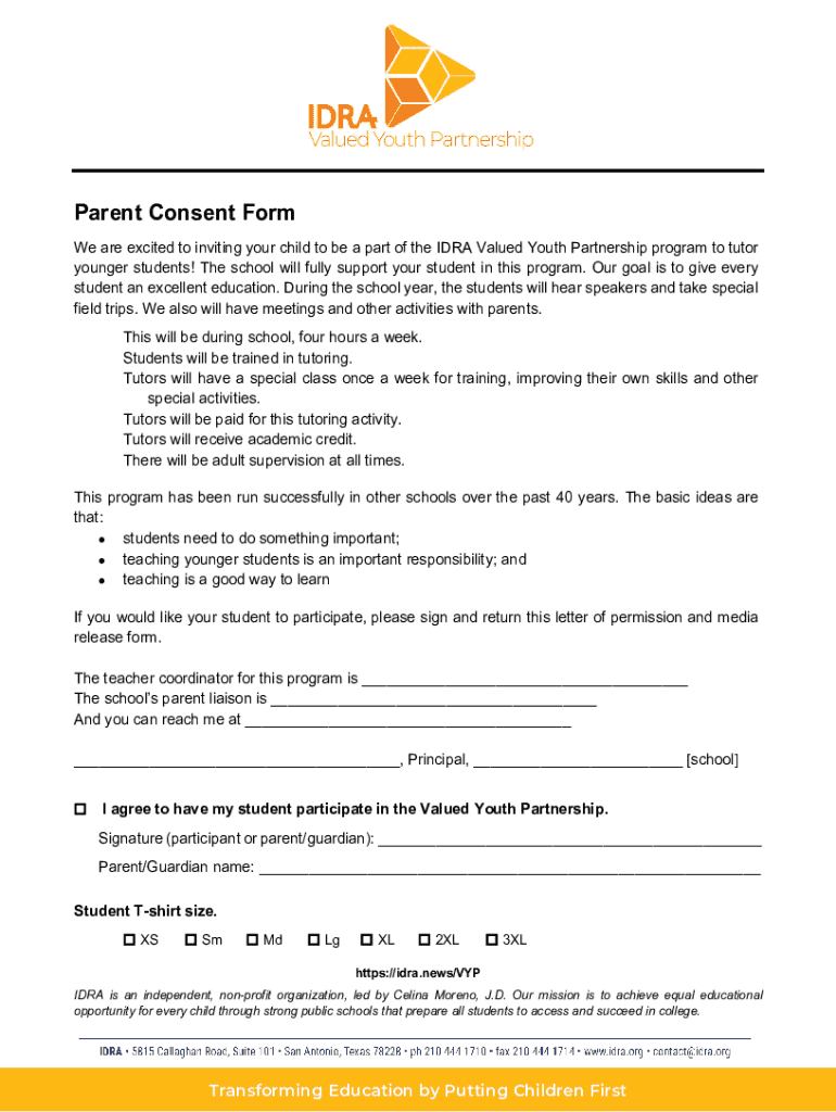 Rellenable en línea Parent Consent Form for Idra Valued Youth Partnership Program Fax Email ...