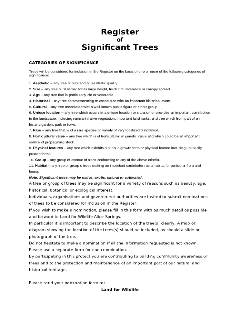Register of Significant Trees Doc Template | pdfFiller