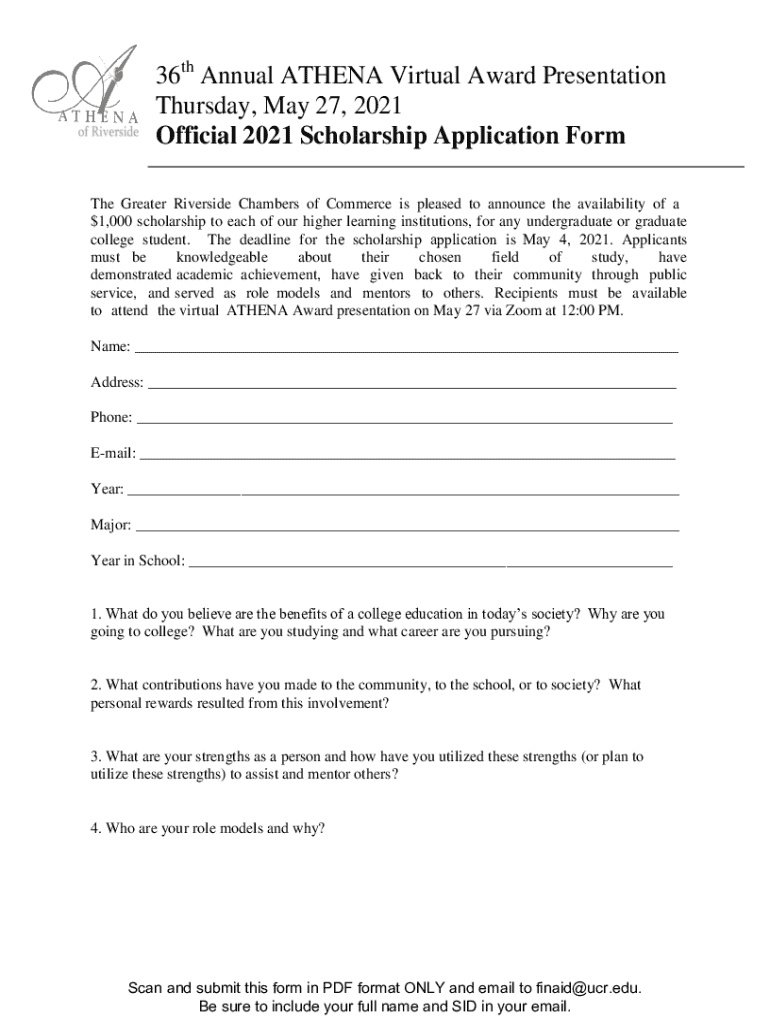 Fillable Online 2021 Scholarship Application for Athena Award Fax Email ...