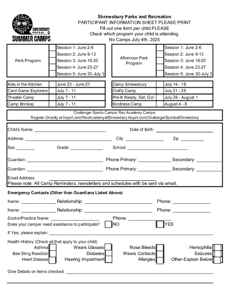 Fillable Online Participant Information Sheet for Summer Programs Fax Email Print - pdfFiller