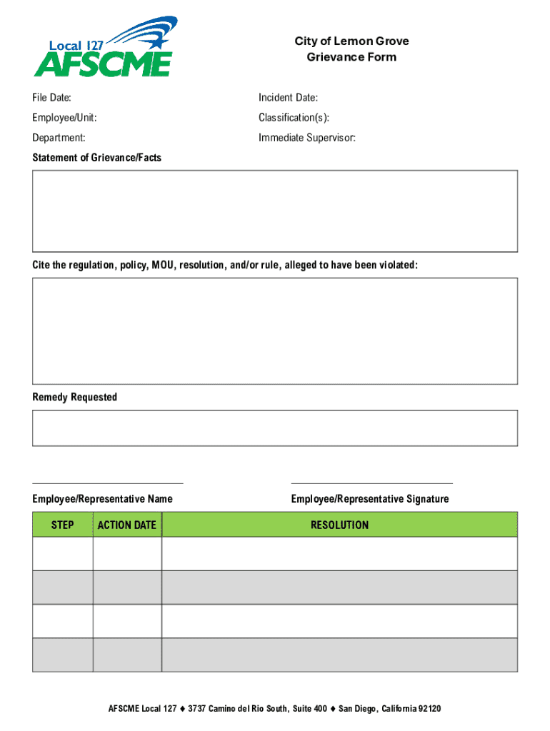 Fillable Online City of Lemon Grove Grievance Form Fax Email Print - pdfFiller