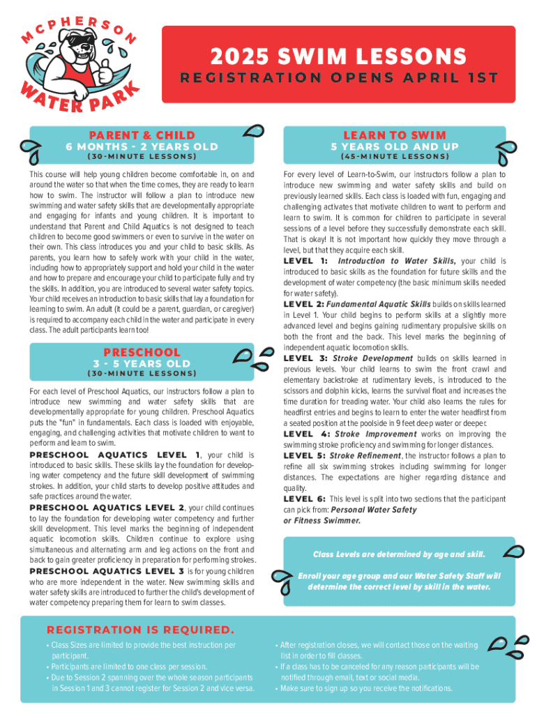 Fillable Online 2025 Swim Lessons Registration Fax Email Print - pdfFiller