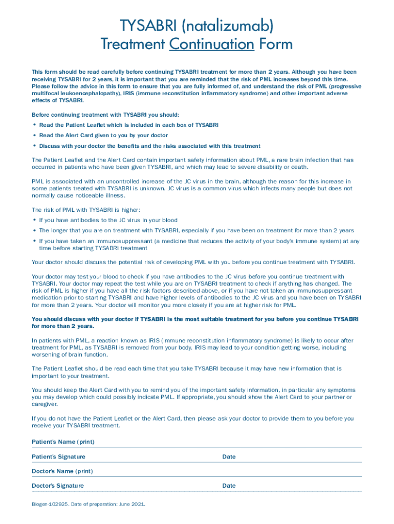 Fillable Online Tysabri Treatment Continuation Form Fax Email Print ...