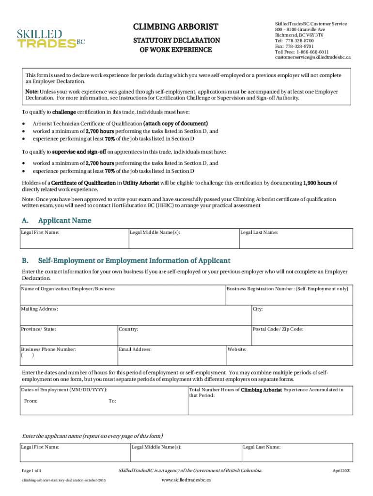 Fillable Online Climbing Arborist Statutory Declaration Fax Email Print ...