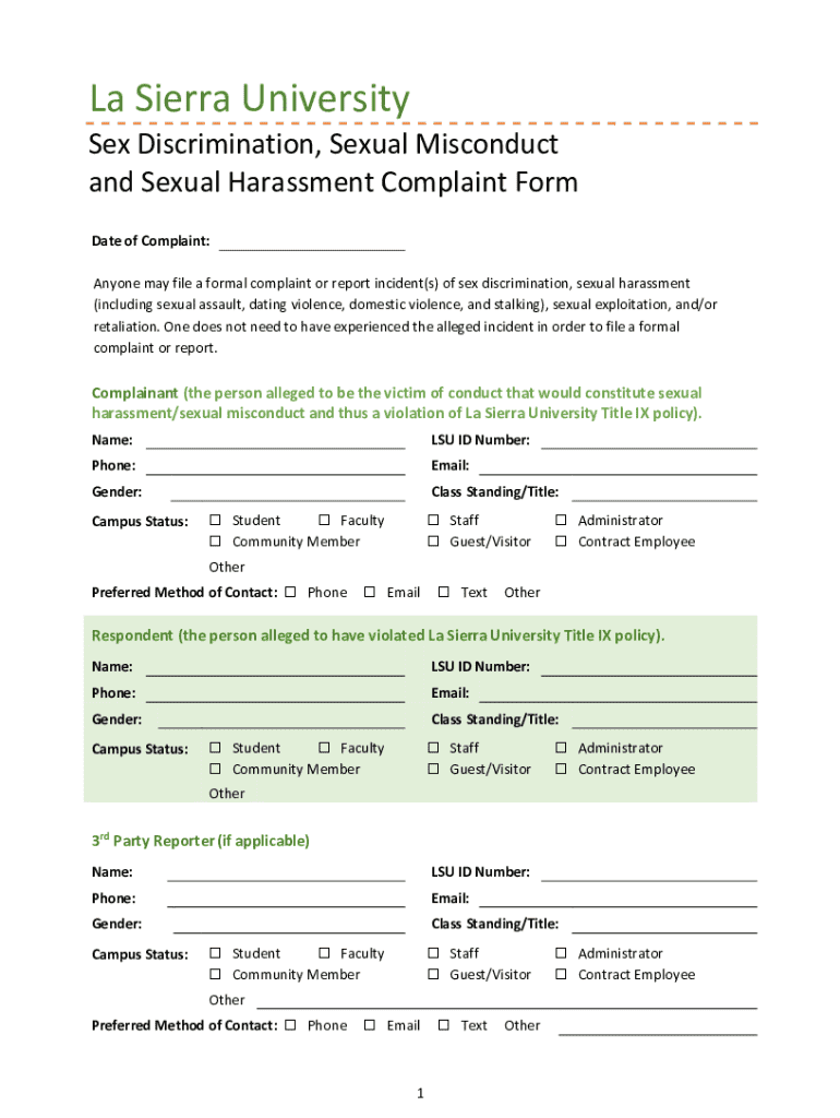 Fillable Online Sex Discrimination, Sexual Misconduct and Sexual Harassment Complaint Form Fax ...