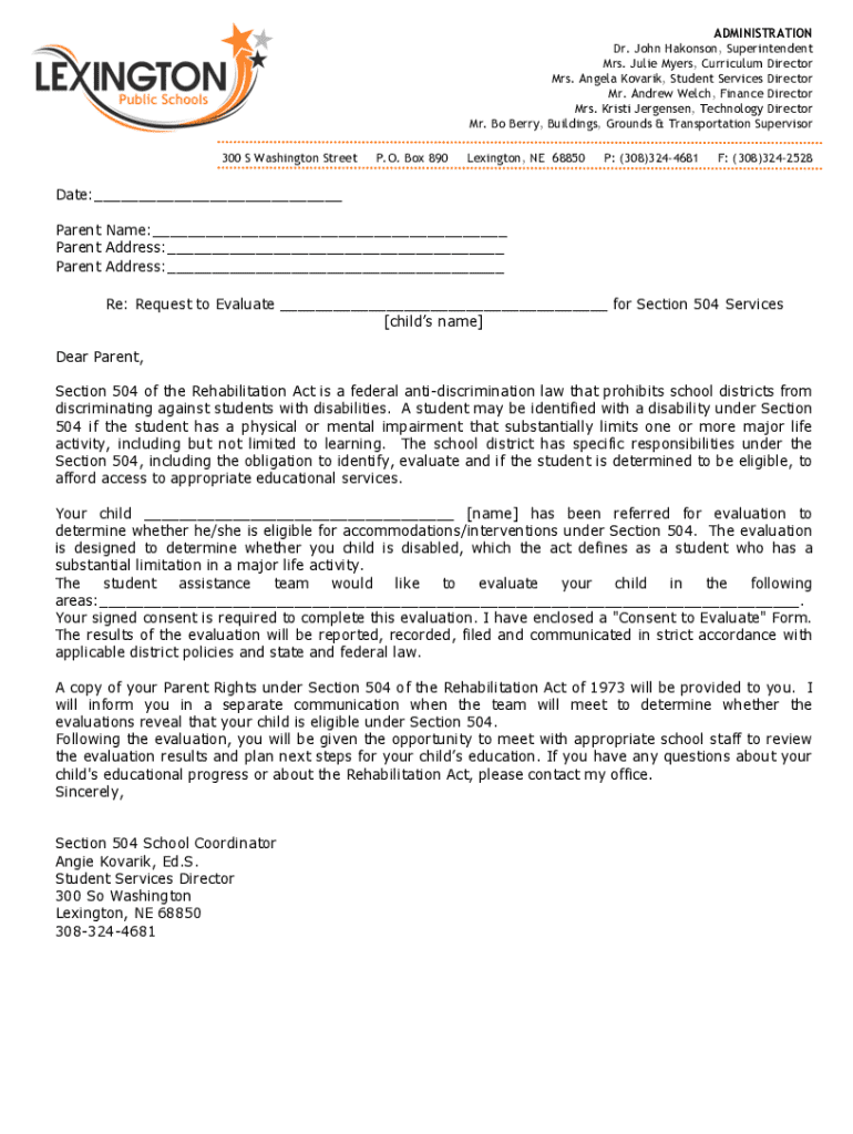 Fillable Online Request to Evaluate for Section 504 Services Fax Email ...