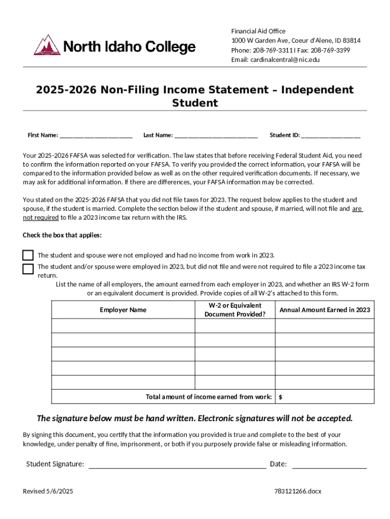 2025-2026 Non-filing Income Statement - Independent Student Doc ...