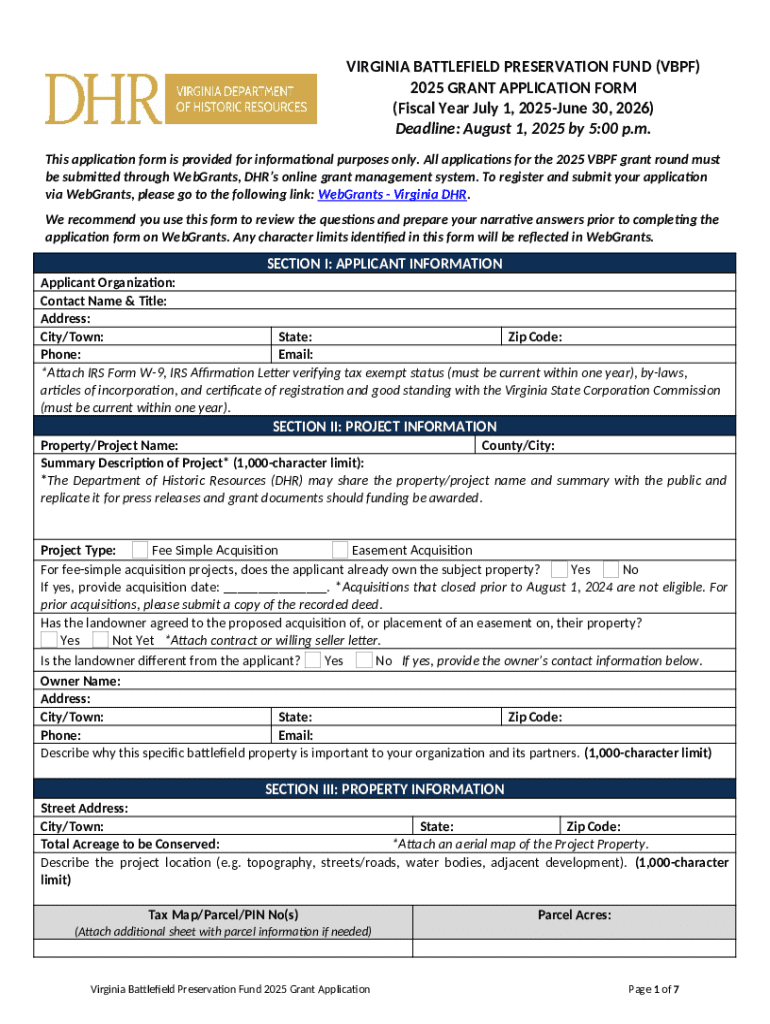 Virginia Battlefield Preservation Fund (vbpf) 2025 Grant Application Doc Template | pdfFiller