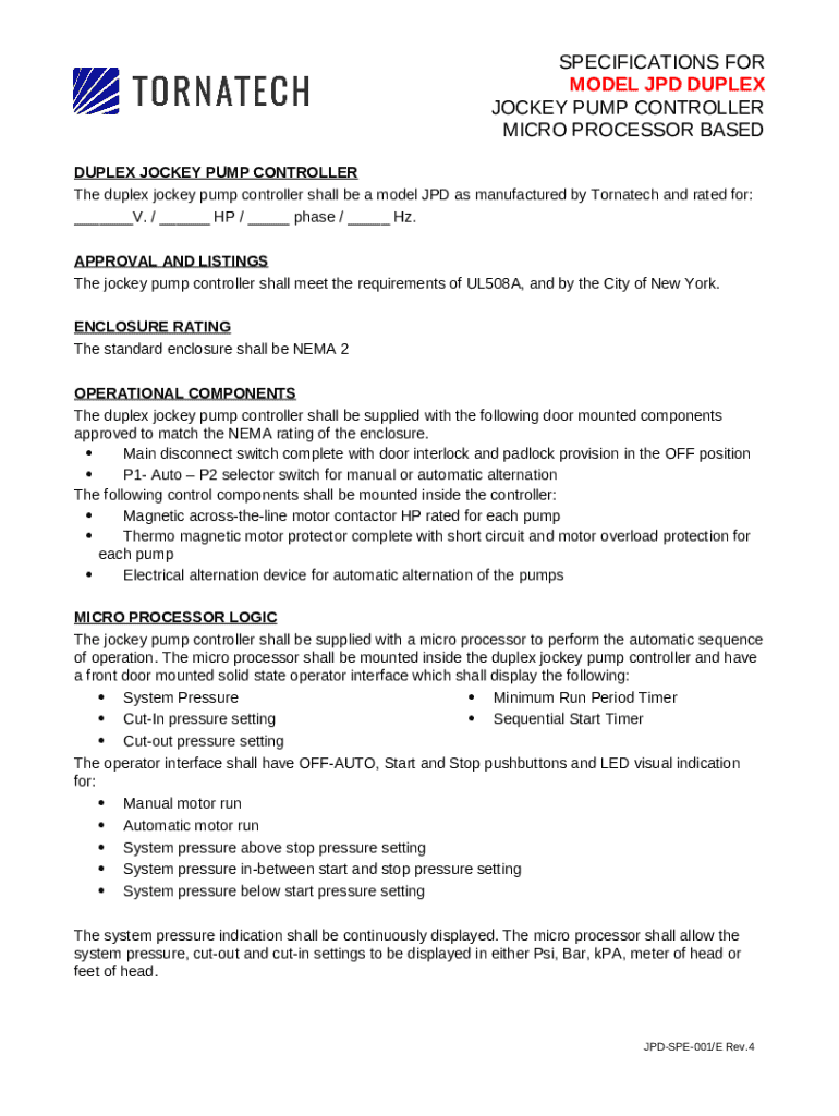 Duplex Jockey Pump Controller Doc Template | pdfFiller