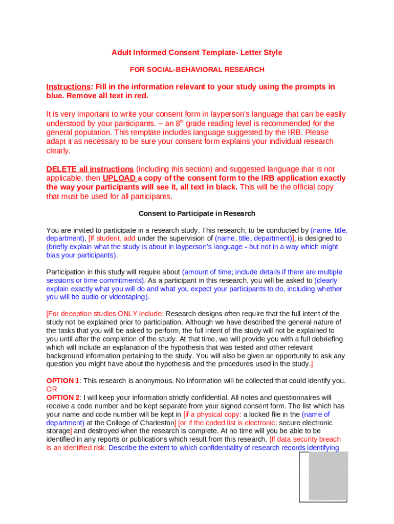 Adult Ined Consent Template- Letter Style Doc Template | pdfFiller