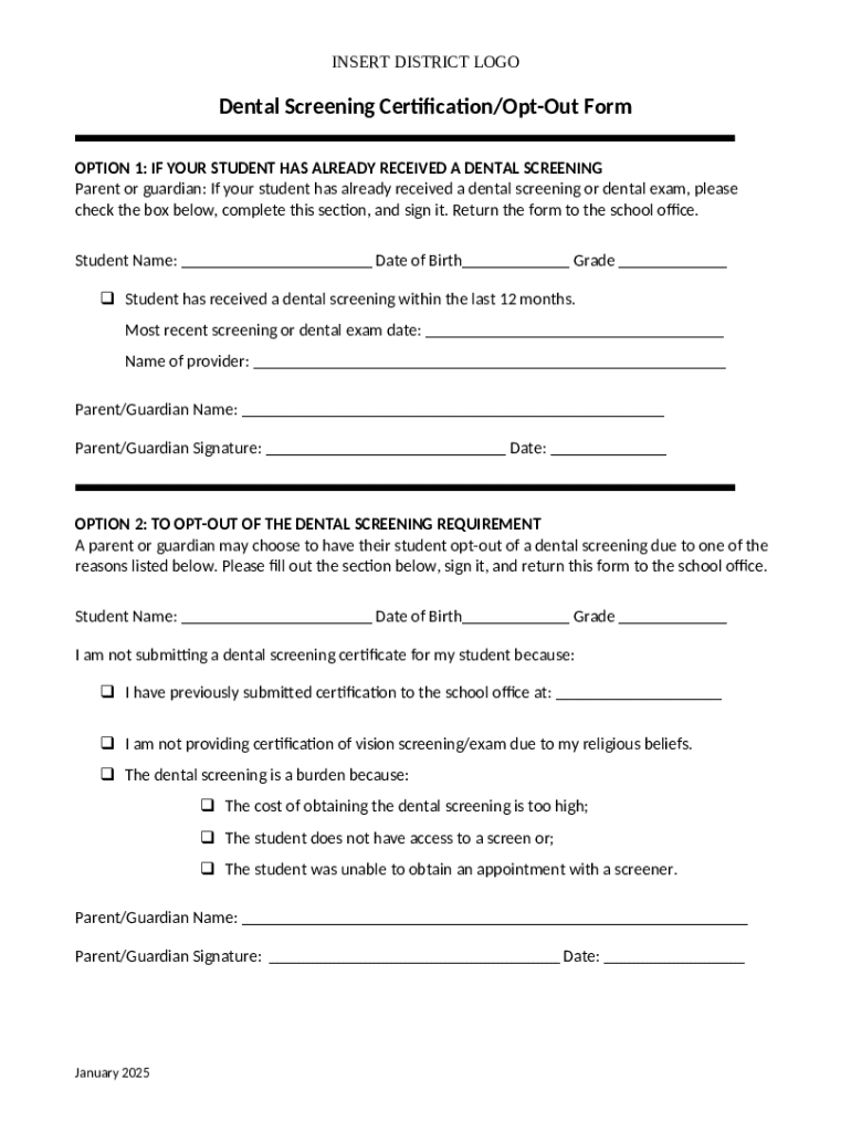 Dental Screening Certification/opt-out Doc Template | pdfFiller