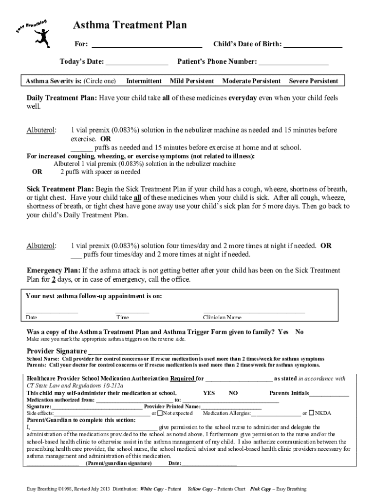 Fillable Online Asthma Treatment Plan Fax Email Print - pdfFiller