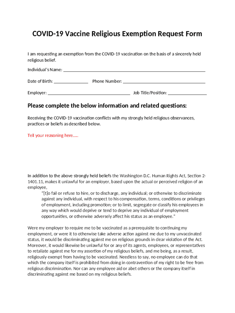 Covid-19 Vaccine Religious Exemption Request Doc Template | pdfFiller