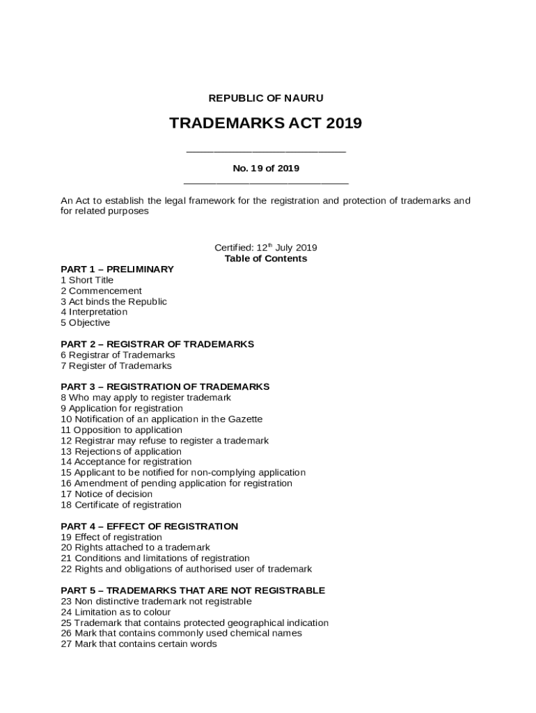 Trademarks Act 2019 Doc Template | pdfFiller