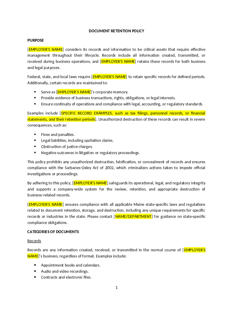Document Retention Policy Doc Template | pdfFiller