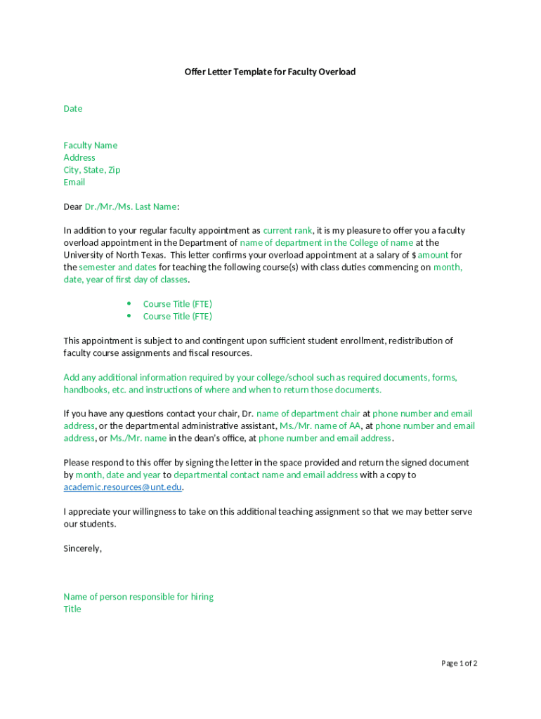 Offer Letter Template for Faculty Overload - vpaa unt Doc Template ...