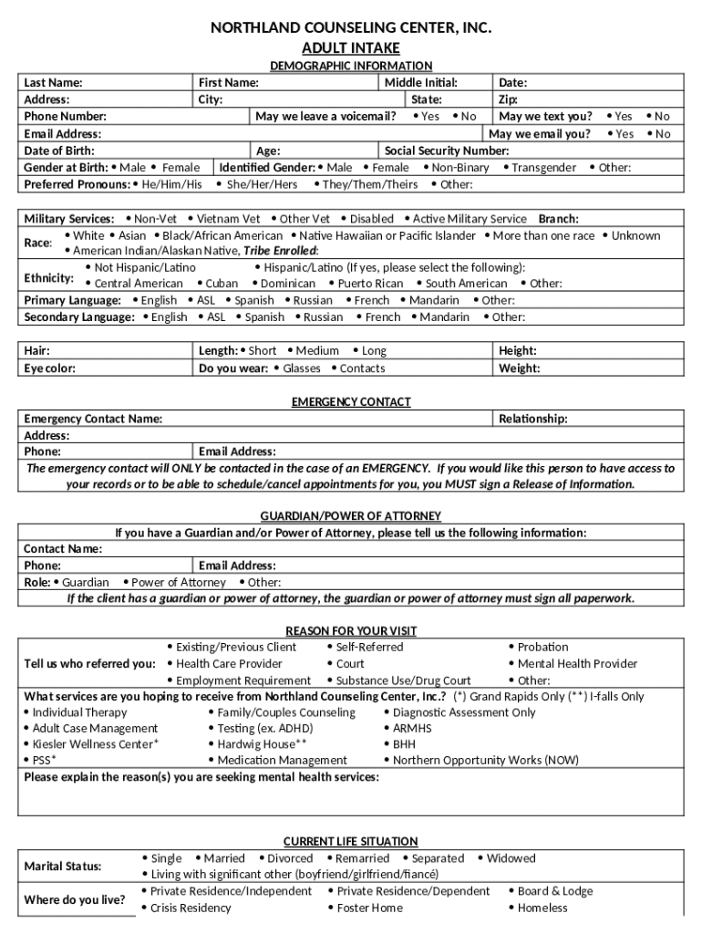 Adult Intake Doc Template | pdfFiller