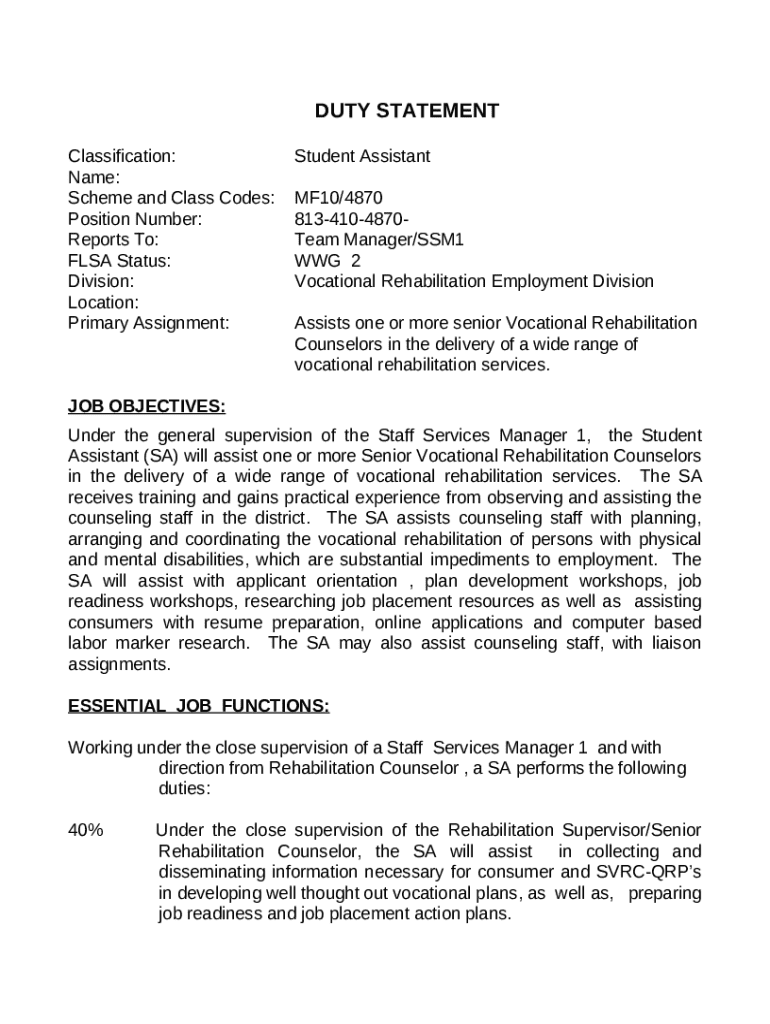 Duty Statement Doc Template | pdfFiller