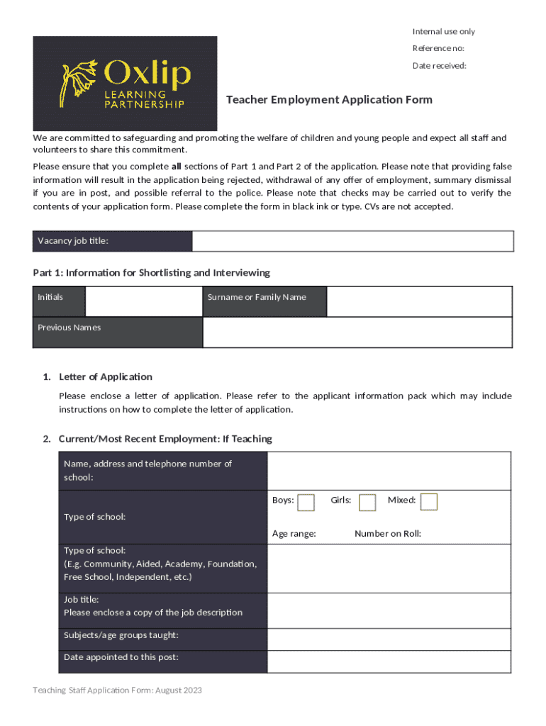 Teacher Employment Application Doc Template | pdfFiller