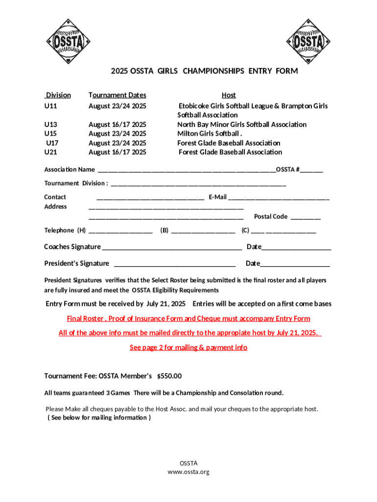 2025 Ossta Girls Championships Entry Doc Template | pdfFiller