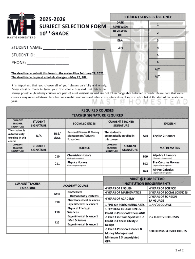 Fillable Online 10th Grade Subject Selection Fax Email Print - pdfFiller