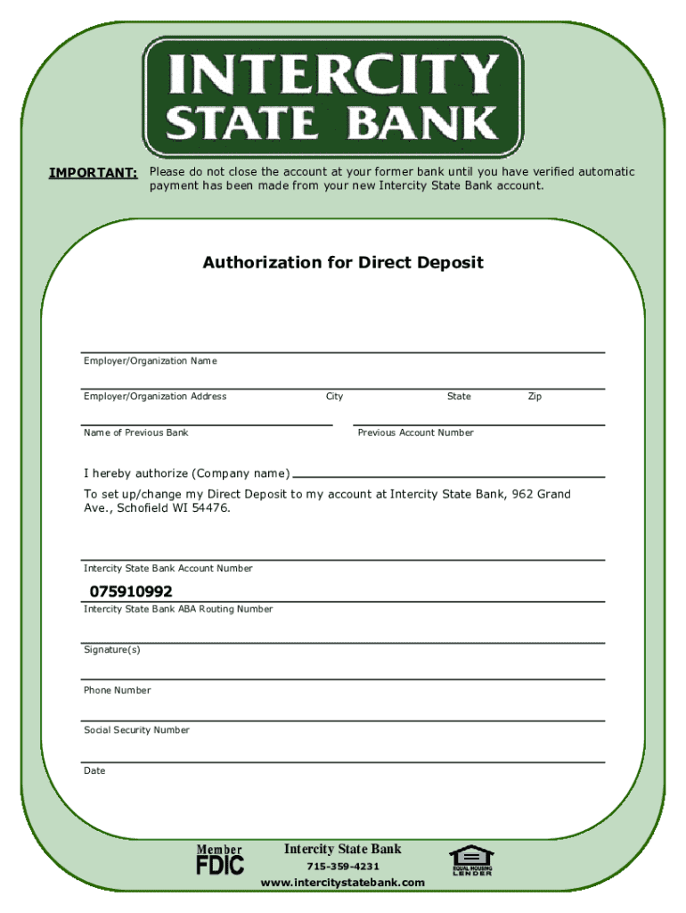 Fillable Online Authorization for Direct Deposit Fax Email Print - pdfFiller