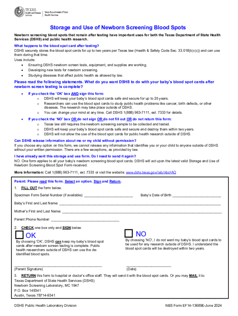 Fillable Online Storage and Use of Newborn Screening Blood Spots Fax Email Print - pdfFiller