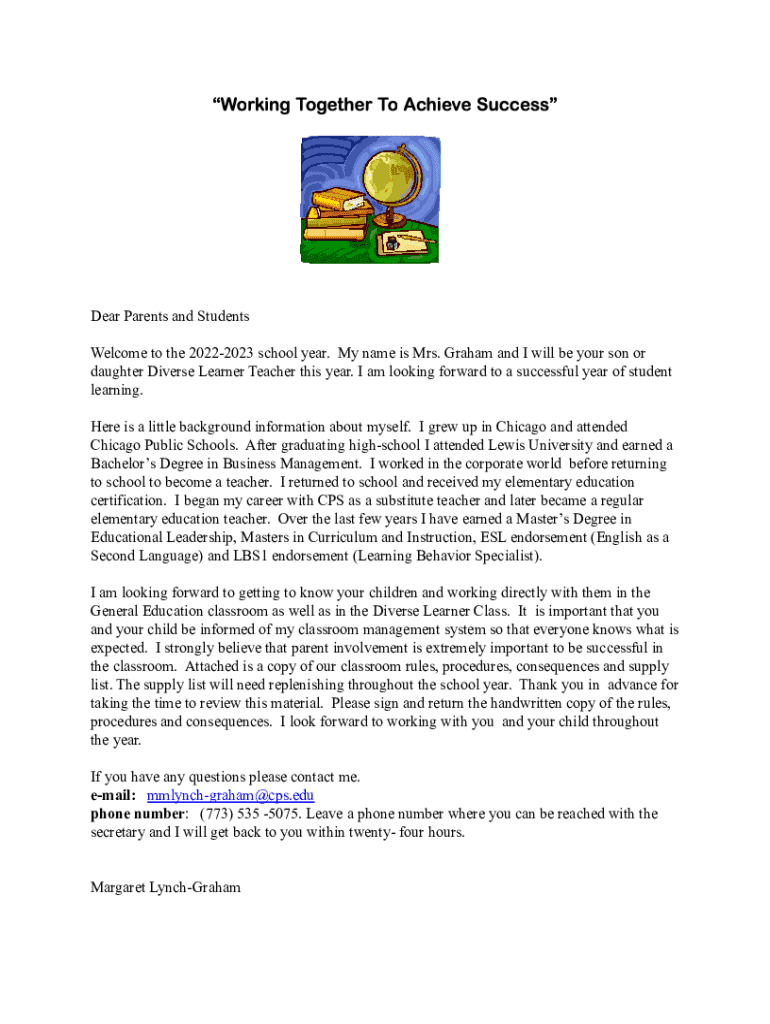 Fillable Online Welcome Letter to Parents and Students for the 2022 ...