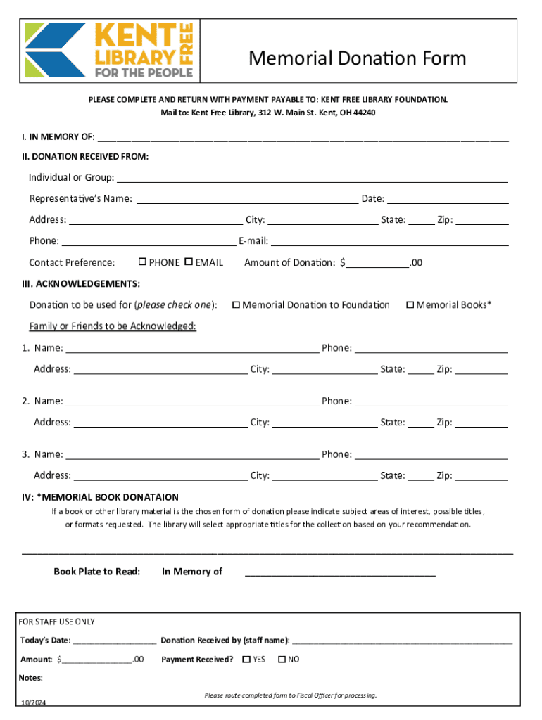 Fillable Online Memorial Donation Form Fax Email Print - pdfFiller