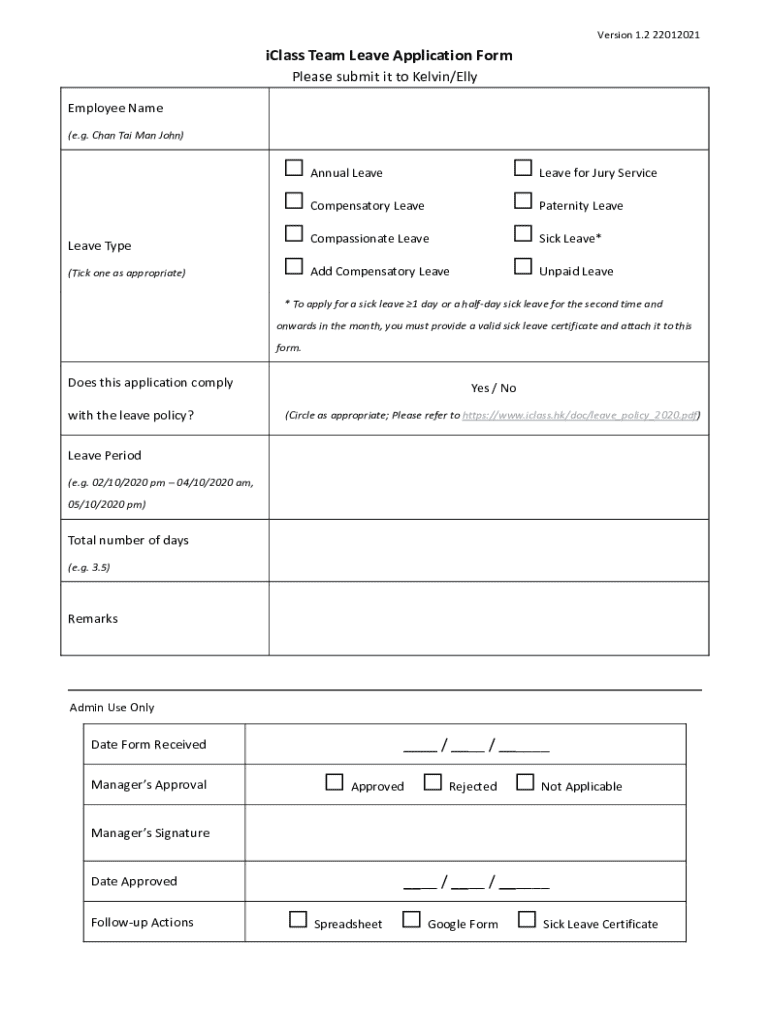 Fillable Online Iclass Team Leave Application Form Fax Email Print - pdfFiller
