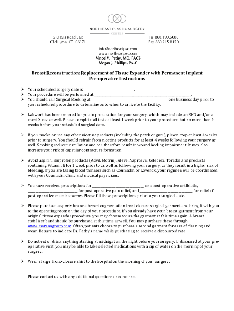 Fillable Online Breast Reconstruction: Replacement of Tissue Expander With Permanent Implant Pre ...