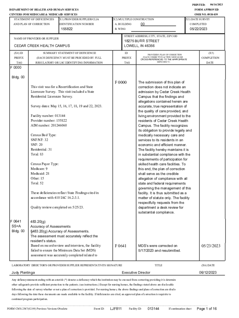 Fillable Online Statement of Deficiencies and Plan of Correction Fax Email Print - pdfFiller