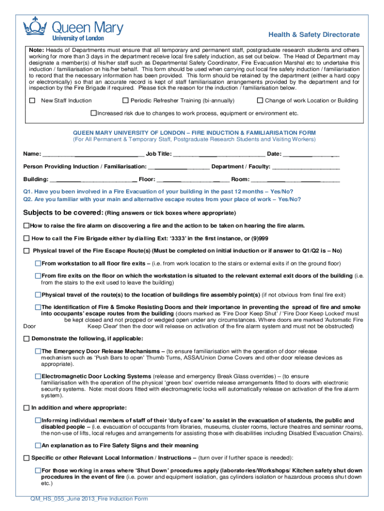 Fillable Online Queen Mary University of London – Fire Induction ...