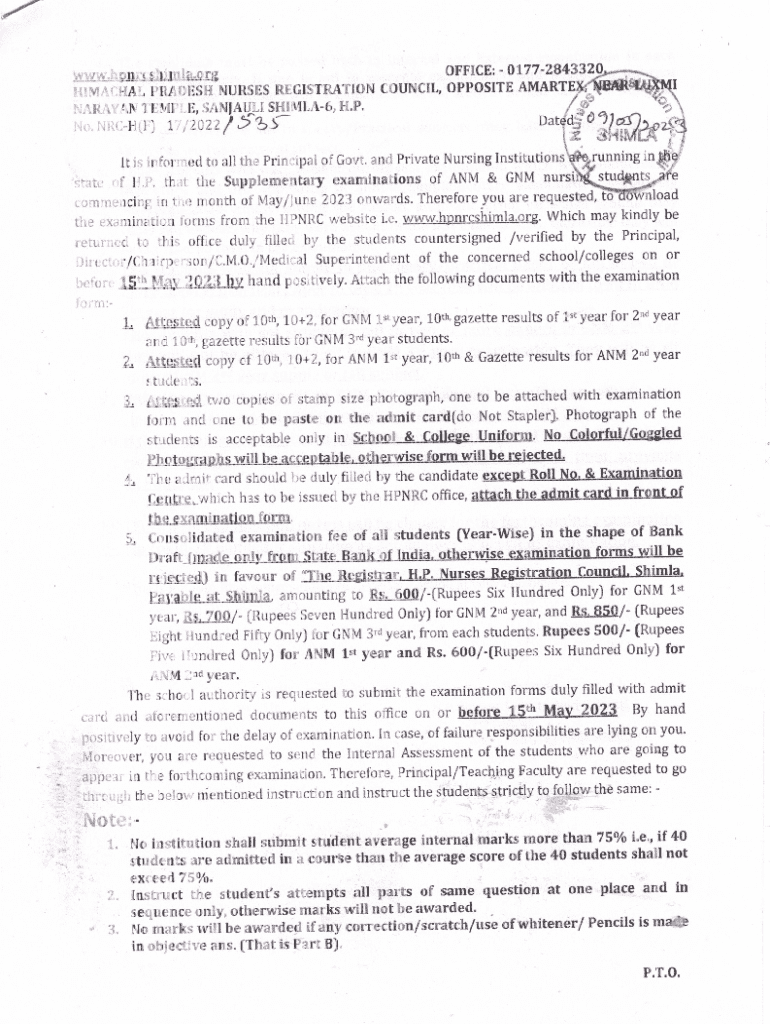 Fillable Online Himachal Pradesh Nurses Registration Council Examination Form Fax Email Print ...